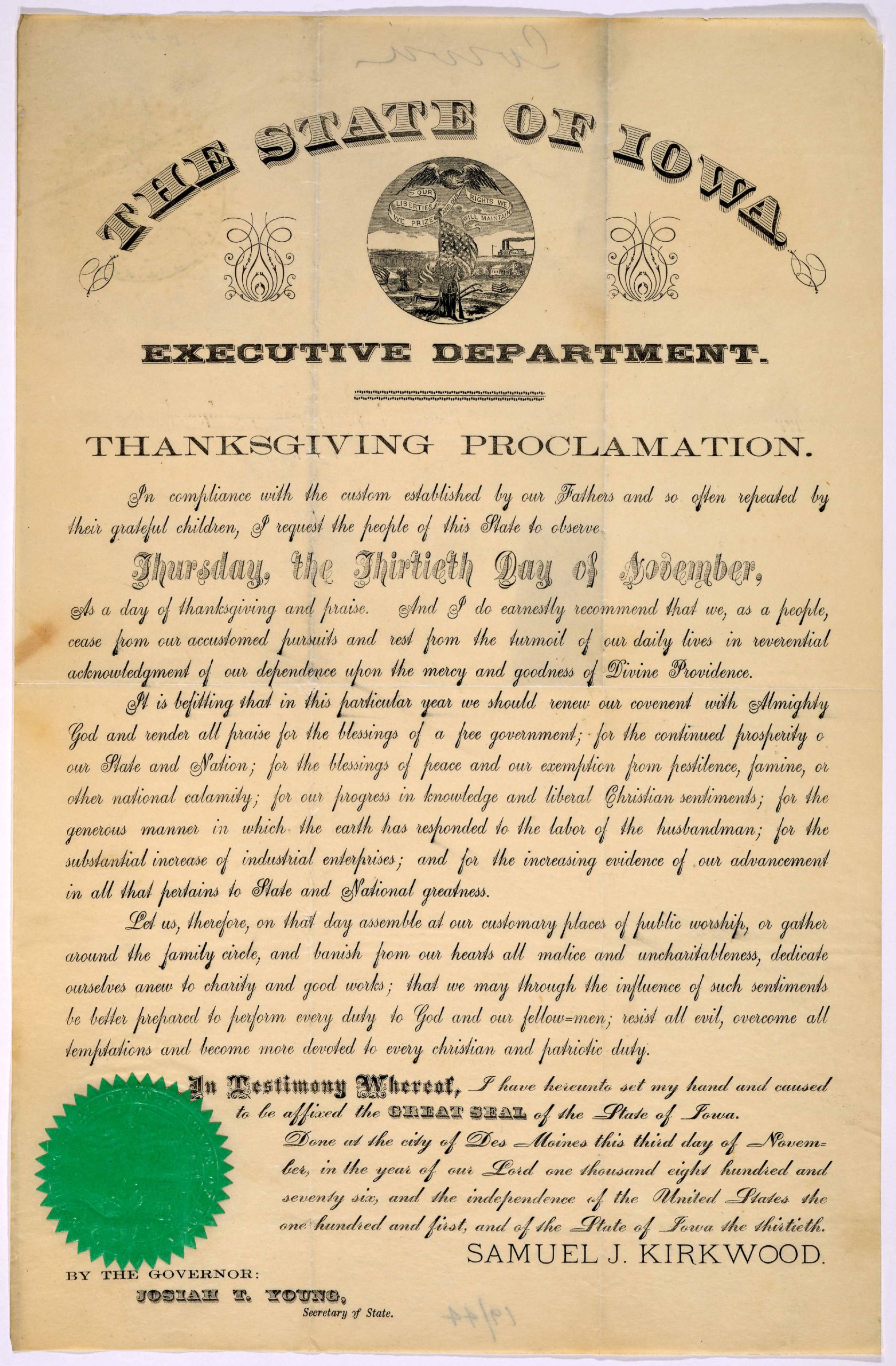 Read Iowa's 1876 Thanksgiving Proclamation | The Iowa Torch
